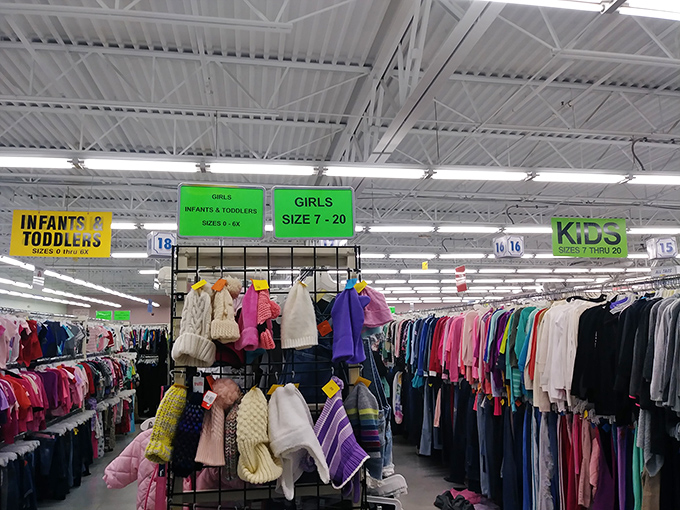 The children's section&mdash;where parents can outfit growing kids without requiring a second mortgage. Those color-coded signs are the GPS of thrifting.