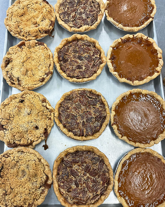 Fresh from the kitchen, these pies represent the holy trinity of American classics: apple crumble, pecan, and pumpkin. Resistance is futile.