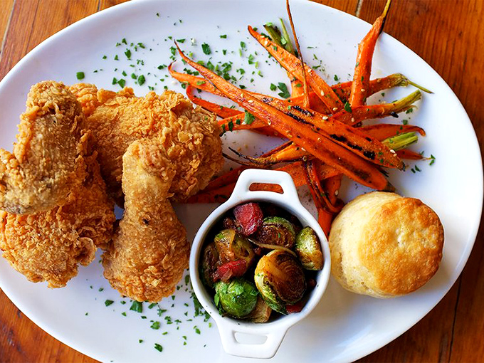 Fried chicken so perfect it deserves its own theme song, paired with seasonal vegetables that didn't sacrifice their lives in vain.