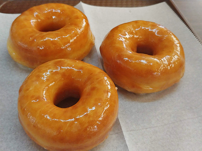 Three perfectly glazed Spudnuts glisten in the morning light, their potato-flour magic creating that distinctive texture that keeps locals coming back for decades.