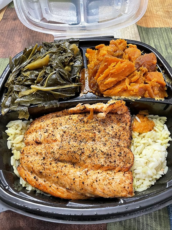 Proof that Southern Blues isn't just about fried delights&mdash;this perfectly seasoned salmon rests on a bed of rice like royalty.