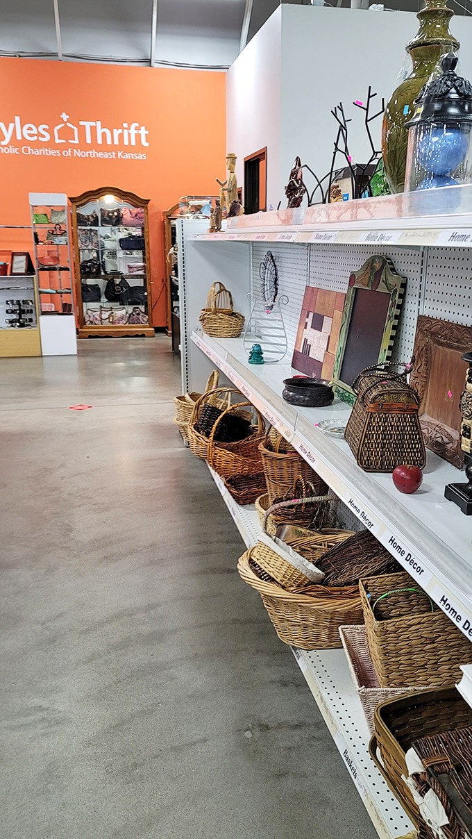 A rainbow of wicker baskets stands ready for adoption. In the basket world, this is essentially an orphanage for containers seeking loving homes.