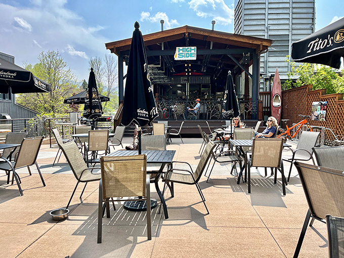 High Side! Bar & Grill's patio stands ready for the afternoon crowd, those post-adventure warriors seeking cold drinks and hot food after conquering Colorado's outdoor playground.