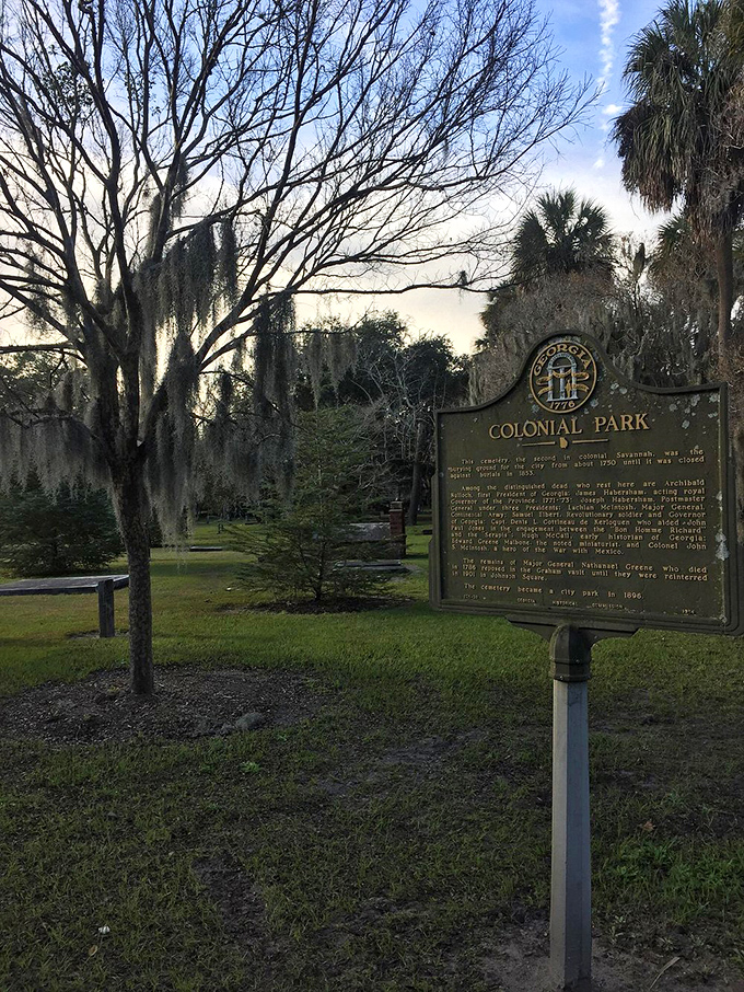 The historical marker welcomes visitors with facts instead of frights, though the real stories lie with those beneath your feet.