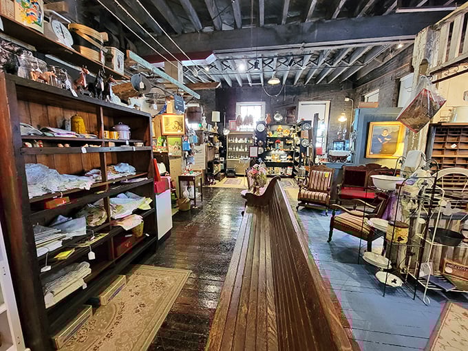 Tiffany-style lamps cast warm pools of light over wooden tables where modern shoppers contemplate pieces of Pennsylvania's past.