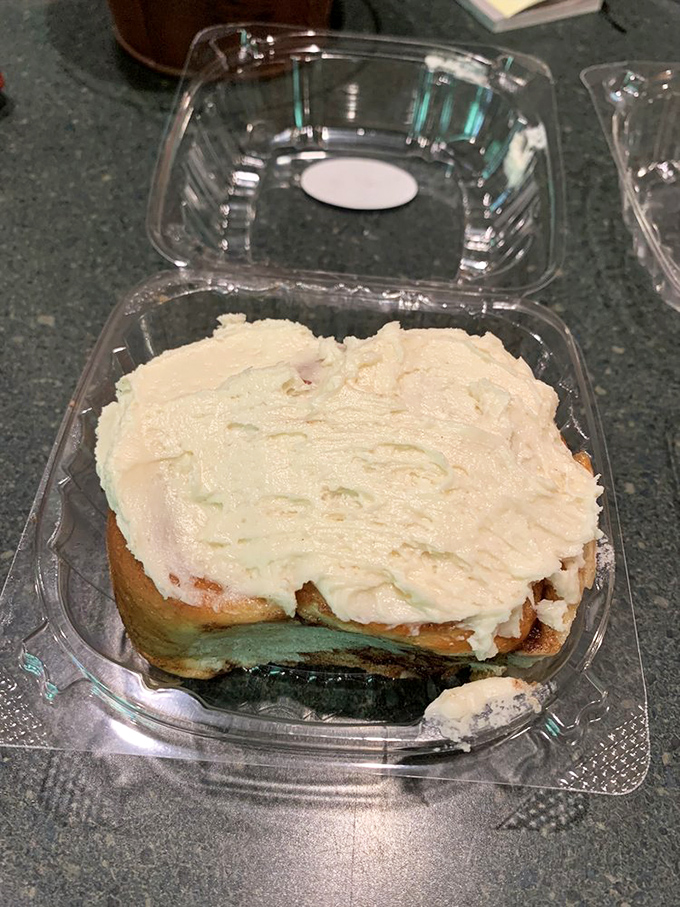 The frosted cinnamon roll that launched a thousand road trips. That cream cheese icing is practically begging for a close-up.