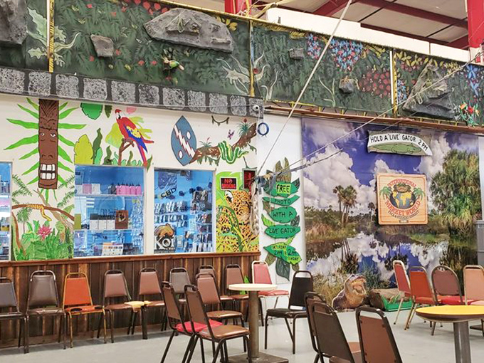 Nature meets kitsch in this colorful seating area where tropical murals transform lunch breaks into mini-vacations. 