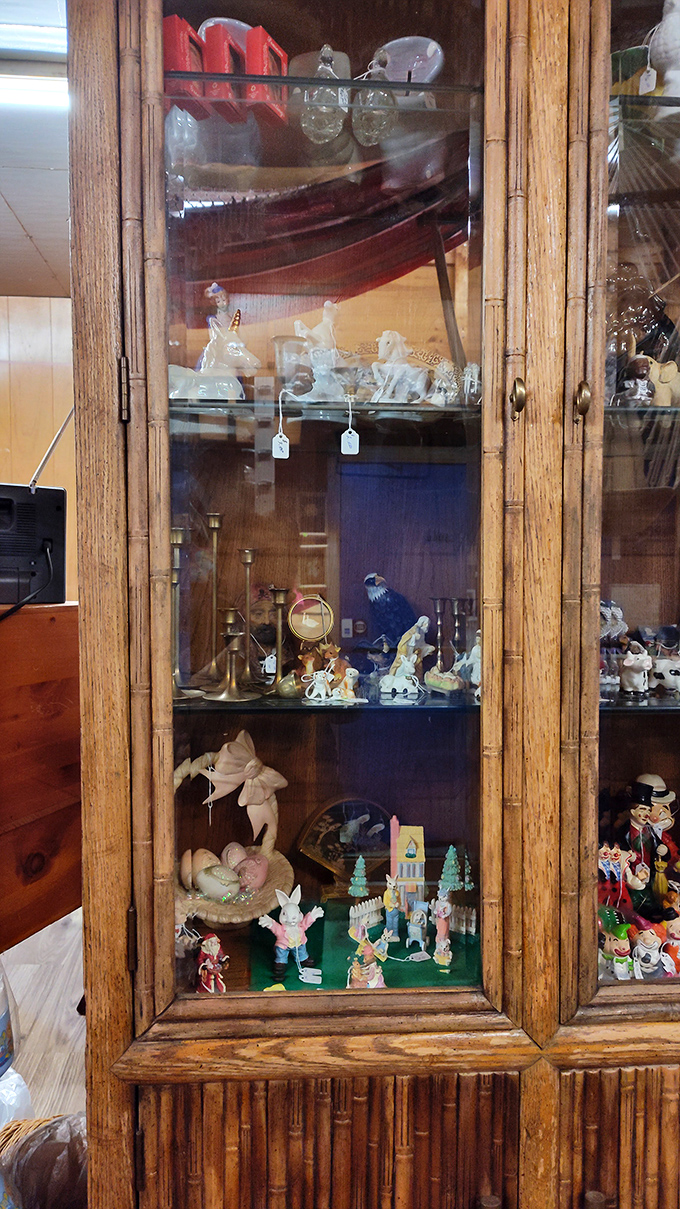 Curio cabinet dreams come true. These glass-enclosed treasures are waiting to become conversation pieces in someone's living room.