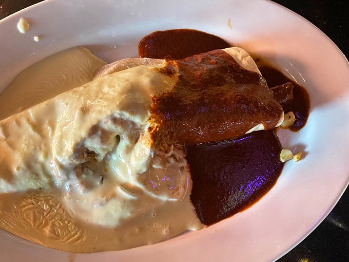 The two-toned mole queso burrito presents a yin-yang of sauces that would make philosophers put down their books and pick up their forks.