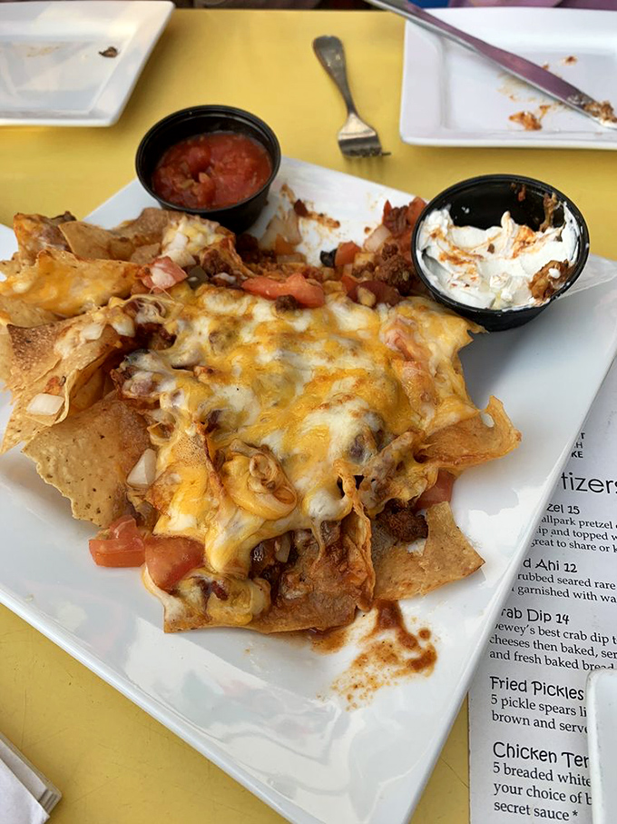 These loaded nachos aren't just an appetizer; they're a community event waiting to happen, with each chip fighting to hold more toppings than its neighbor.