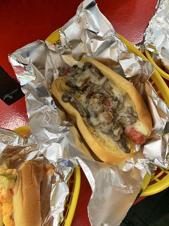 What makes the Fancy Nancy fancy? Mushrooms and Swiss transform this hot dog into something your cardiologist wouldn't approve of but your soul requires.