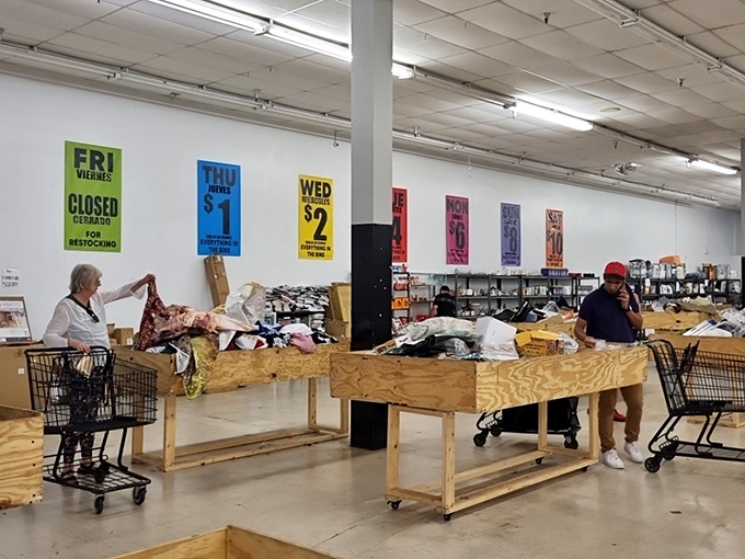 The colorful day-of-the-week pricing system is retail genius—each color represents how deeply discounted items will be. Thursday's blue means rock-bottom prices!