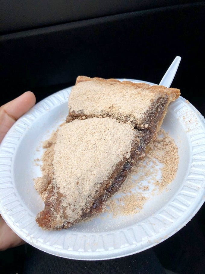 This slice reveals the architectural marvel that is shoo-fly pie&mdash;a foundation of flaky crust, molasses filling, and that signature crumb topping that started it all. 