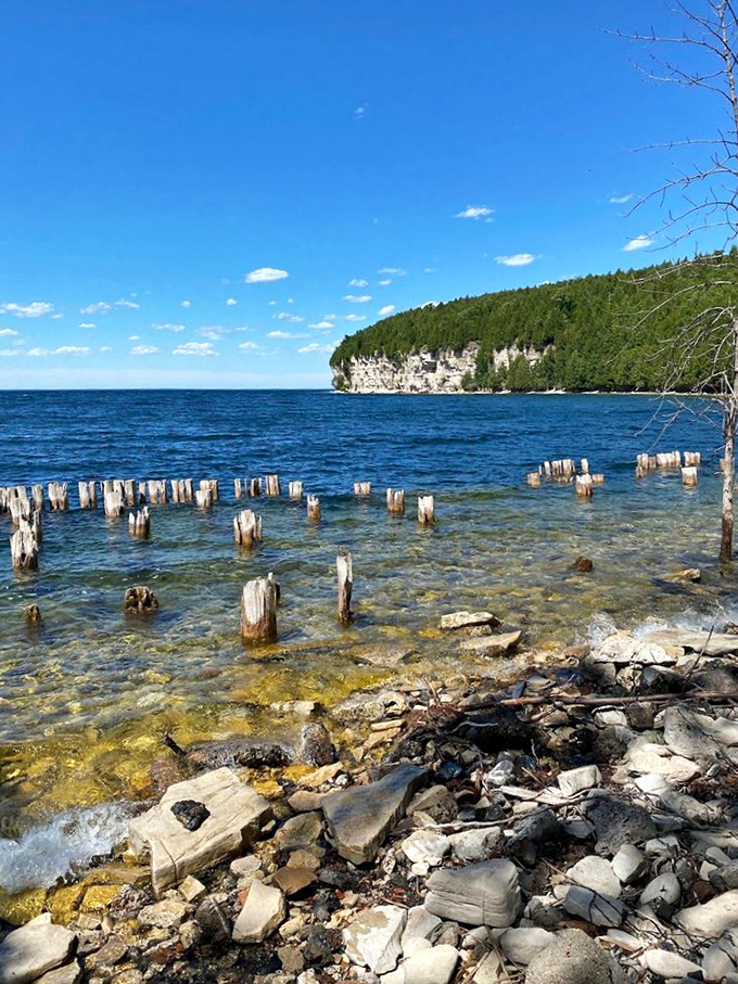 Nature reclaimed what industry abandoned, creating this postcard-perfect scene where weathered pilings stand sentinel in impossibly clear waters.