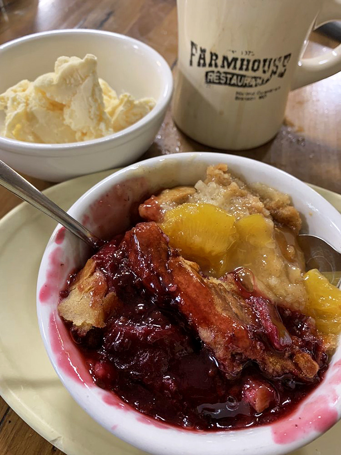 Two fruits battling for your affection in one bowl. The peach and blackberry cobbler brings summer to your table any time of year.