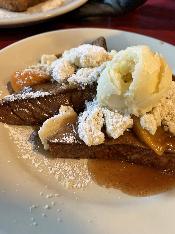 The legendary Peach Cobbler French Toast in its full glory. Georgia's favorite fruit married to French culinary technique&mdash;a breakfast diplomatic triumph.