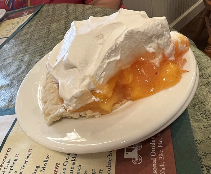 Peach pie with a mountain of whipped cream—because fruit technically makes this breakfast. The cloud-like topping is just a bonus from heaven.