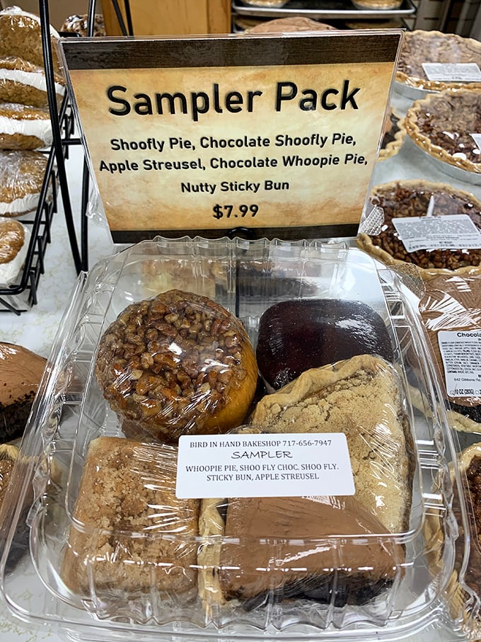 The sampler pack: nature's way of saying "you don't have to choose just one." Shoofly pie, chocolate whoopie pie, and sticky bun&mdash;the holy trinity of Pennsylvania Dutch treats. 