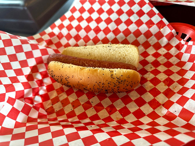 Simplicity has never looked so tempting. That poppy seed bun cradles a Vienna beef hot dog like it was made for this moment.