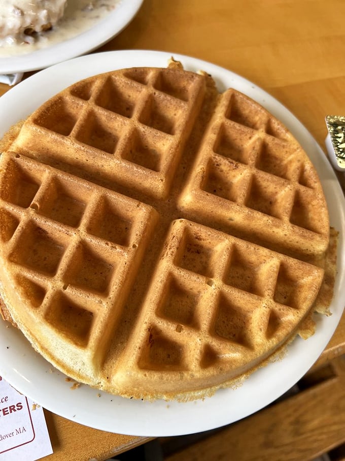 The perfect waffle exists, and here it is &ndash; a golden canvas of crispy exterior and fluffy interior, ready for your syrup masterpiece. 