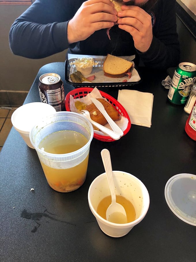 Lunch of champions! A golden-brown knish, classic sandwich, and that soul-warming soup make for a meal worth crossing state lines to enjoy.