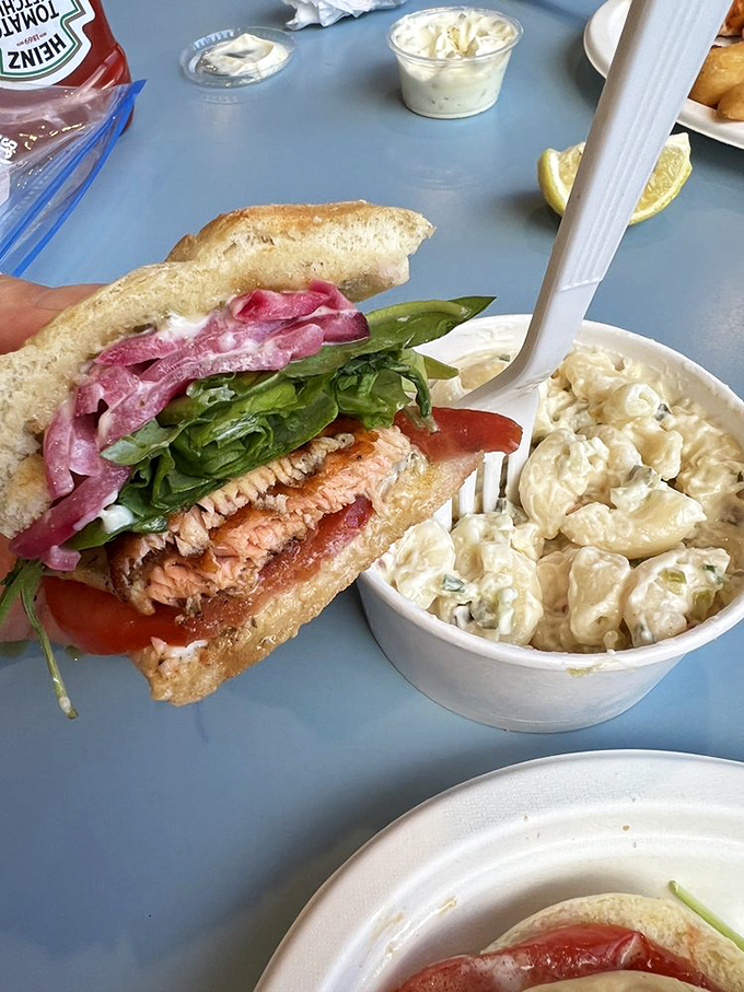 A salmon sandwich that would make a grizzly bear weep with joy, paired with macaroni salad that puts picnic versions to shame.