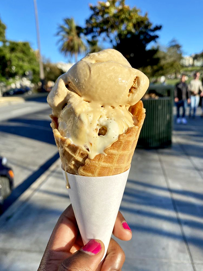 Waffle cone perfection against the San Francisco backdrop. Taking ice cream for a walk in Dolores Park is practically a local sport.