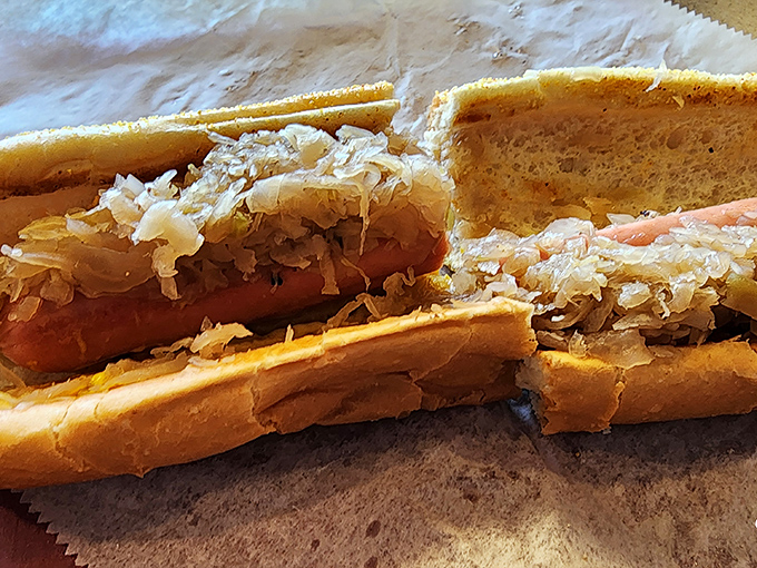 The sauerkraut dog: where tangy meets savory in a relationship that would make relationship counselors proud. A perfect marriage of flavors.