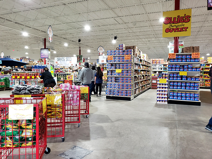 Shoppers navigate aisles stocked with everything from grass seed to household goods. It's like a scavenger hunt where everyone wins.