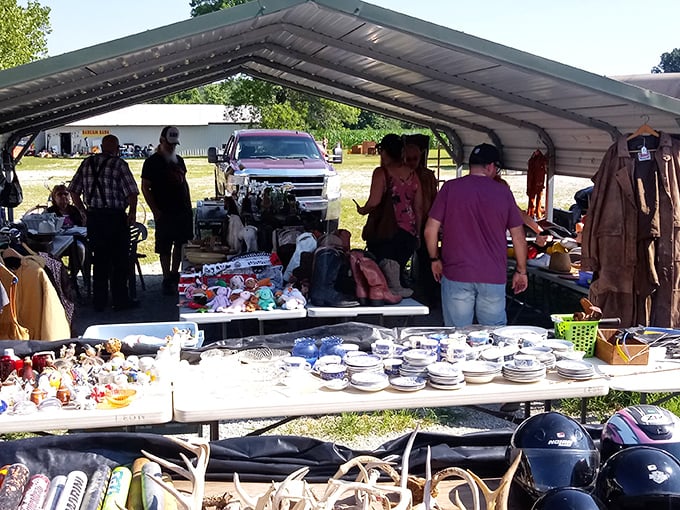Weekend warriors of the bargain battlefield, scanning tables with the focus of archaeologists on the verge of a major discovery.