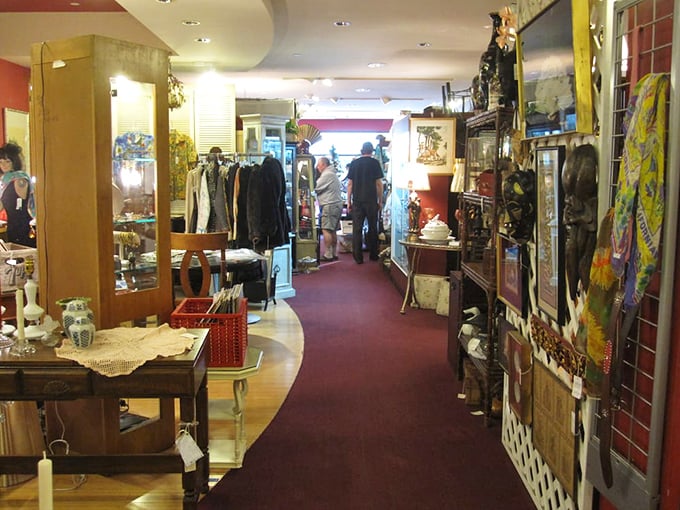 Fellow time travelers navigate the narrow pathways between history-laden shelves. The hunt is as thrilling as the find.