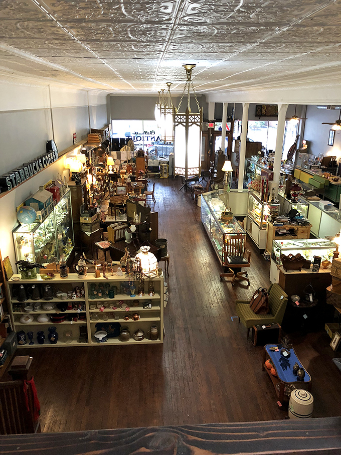 From this elevated vantage point, the full majesty of the Emporium reveals itself—an organized chaos of history where every aisle promises discovery.