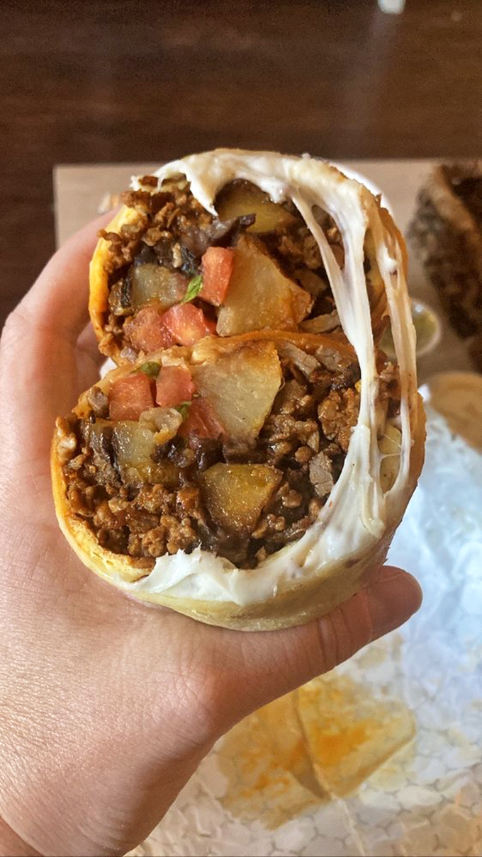 Protein paradise - steak and chorizo unite with crispy potatoes in this handheld marvel that makes waking up early almost seem reasonable.