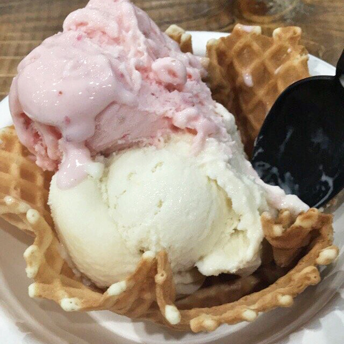 Vanilla ice cream gets dressed up with caramel drizzle in Dewster's signature cup. Car dashboard dining at its finest&mdash;some pleasures are worth the sticky steering wheel. 