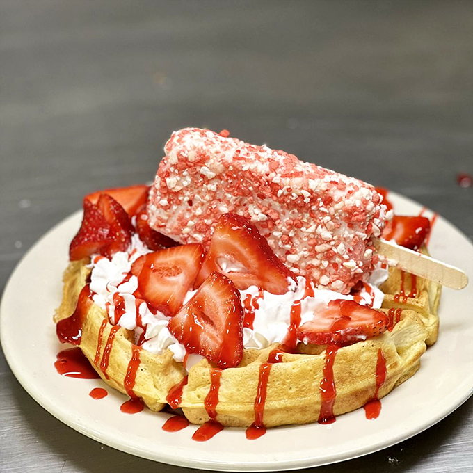 Strawberry shortcake meets waffle in this morning masterpiece. That strawberry popsicle is just showing off at this point.