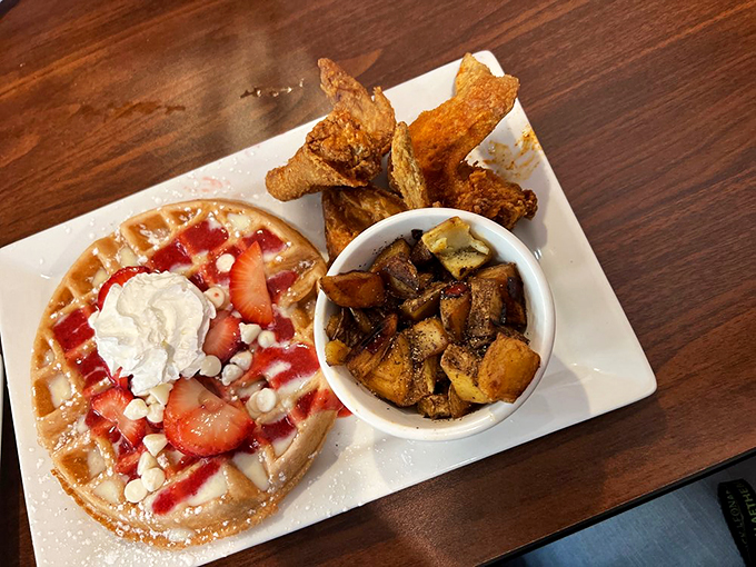 Strawberries arranged like edible jewels atop a golden throne. The crispy chicken alongside proves that balance in life is indeed possible. 