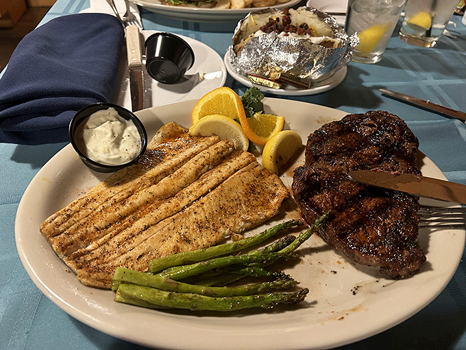 Surf meets turf in a plate that answers the eternal question: "Why choose between land and sea when both taste this good?"