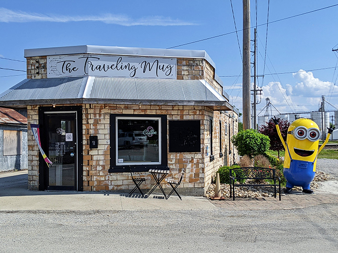 The Traveling Mug Coffee Shop shares its territory with a cheerful Minion. Even cartoon characters need their caffeine fix when passing through Casey.