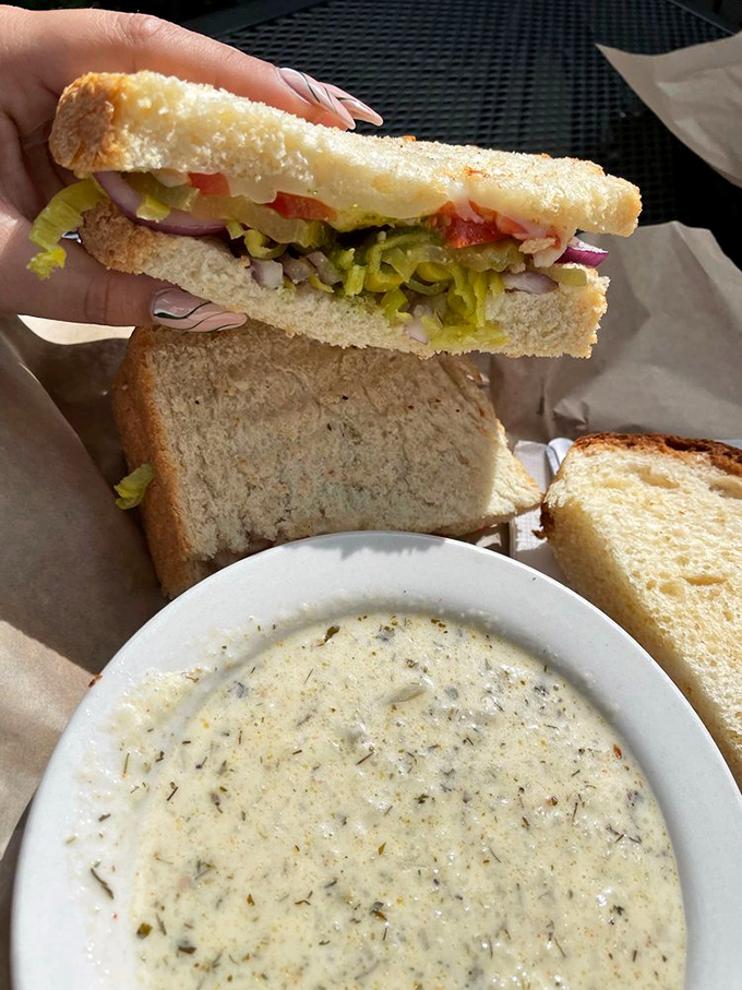 A veggie sandwich that meat-lovers secretly crave, paired with a soup that could make even the rainiest Oregon day feel like a warm hug.