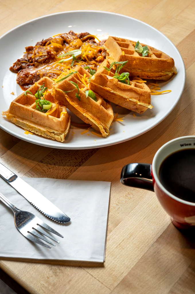 Waffles meet chili in a savory-sweet rendezvous that proves breakfast and dinner should stop playing hard to get with each other.