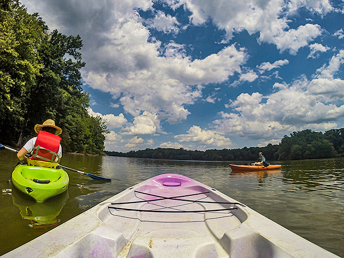 Water therapy, Delaware-style. Nothing clears the mind like gliding across this glass-like pond under a sky that belongs in a Renaissance painting.