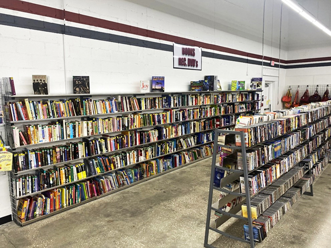 The book section rivals some small-town libraries. Somewhere in these stacks is the paperback that changed someone's life, waiting for its next reader.
