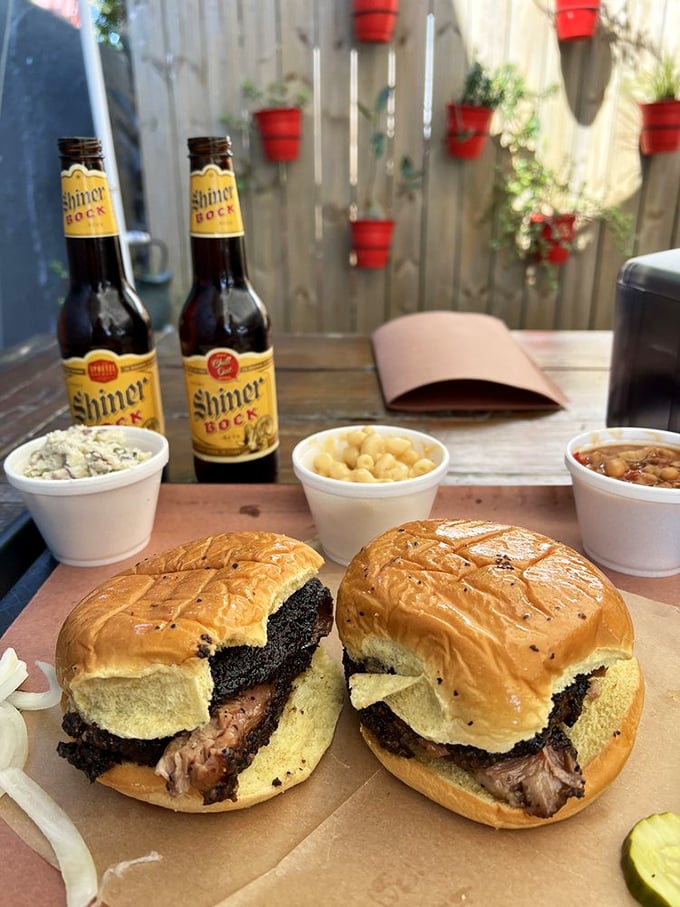 Brisket sandwiches and cold beer&mdash;proof that sometimes the simplest pleasures are life's greatest achievements. Those sides aren't supporting actors; they're co-stars.