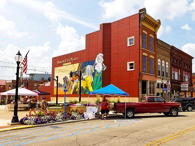 Parlor City Plaza's colorful mural brightens downtown with splashes of local pride, proving small towns understand the value of public art better than most big cities.