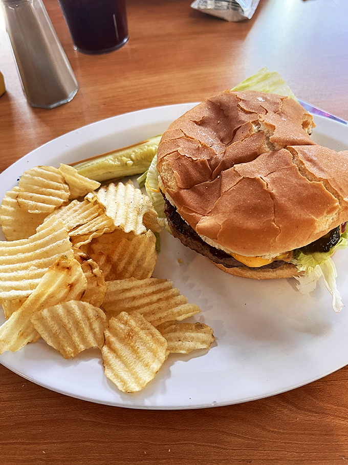 This isn't some fancy chef's "deconstructed burger concept" &ndash; it's the real deal, with a properly toasted bun and chips that crunch like autumn leaves.