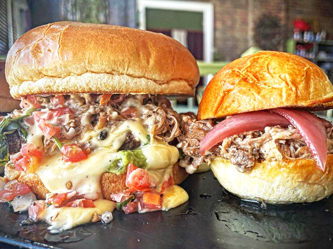 These aren't your average burgers&mdash;they're monarchs of meat, crowned with melty cheese and toppings that threaten to tumble down like characters at the Mad Tea Party.