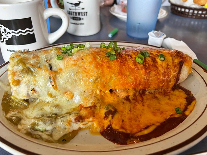 Half green chile sauce, half red chile sauce&mdash;"Christmas style" isn't just for December in New Mexico, it's breakfast nirvana wrapped in a tortilla.