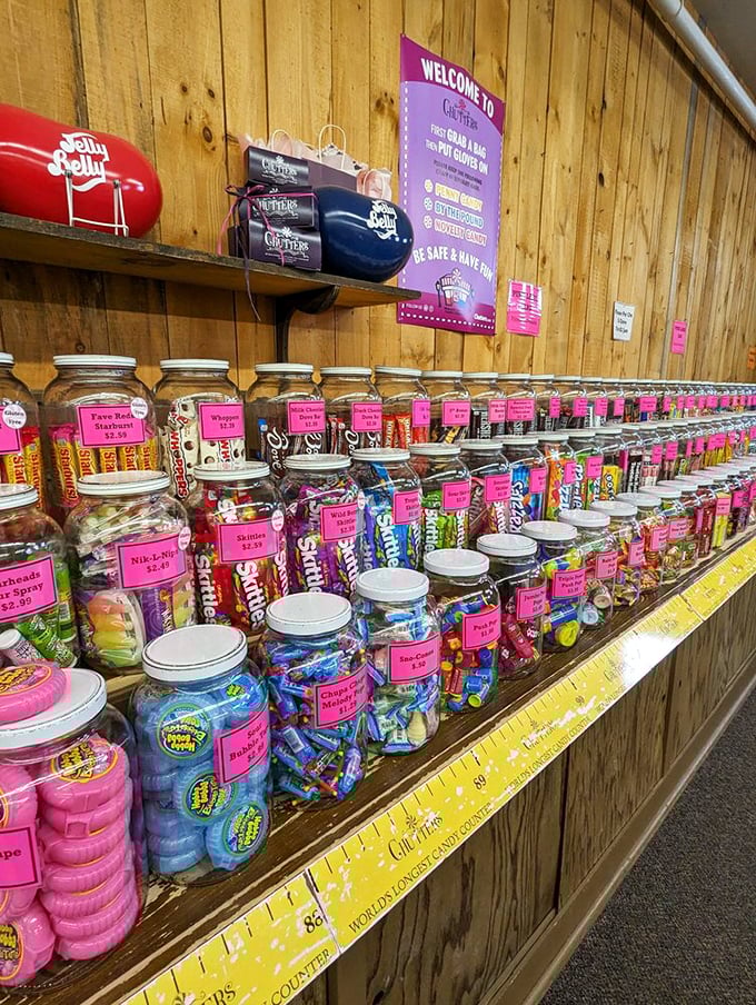 Candy soldiers standing at attention in their glass jar barracks. The bright pink labels practically scream, "Resistance is futile!"