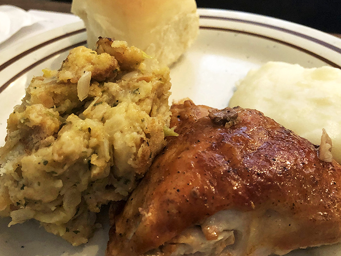 Golden-brown perfection that makes you understand why the chicken crossed the road—to become this delicious masterpiece alongside herb-flecked stuffing.