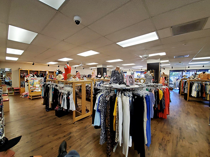 The clothing section: organized with military precision but with all the excitement of a backstage Broadway costume department.